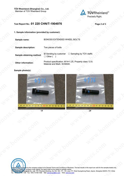TUV Test Report for BONOSS Extended Wheel Bolts M14x1.25 ...