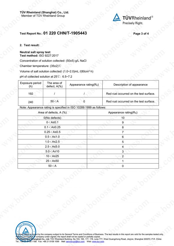 TUV Test Report for BONOSS Wheel Extended Bolts Neutral Salt Spray Test ...