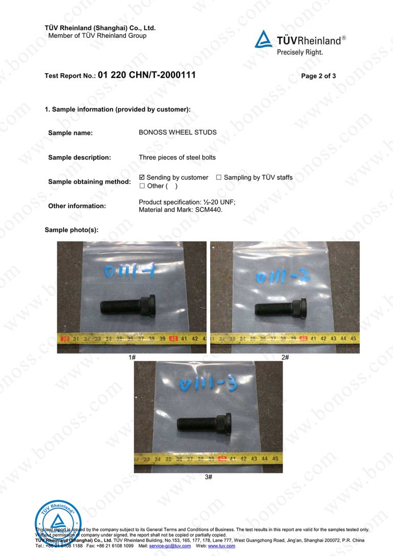 TUV Test Report for BONOSS Wheel Studs 1/2-20 UNF Tensile Test/Proof ...